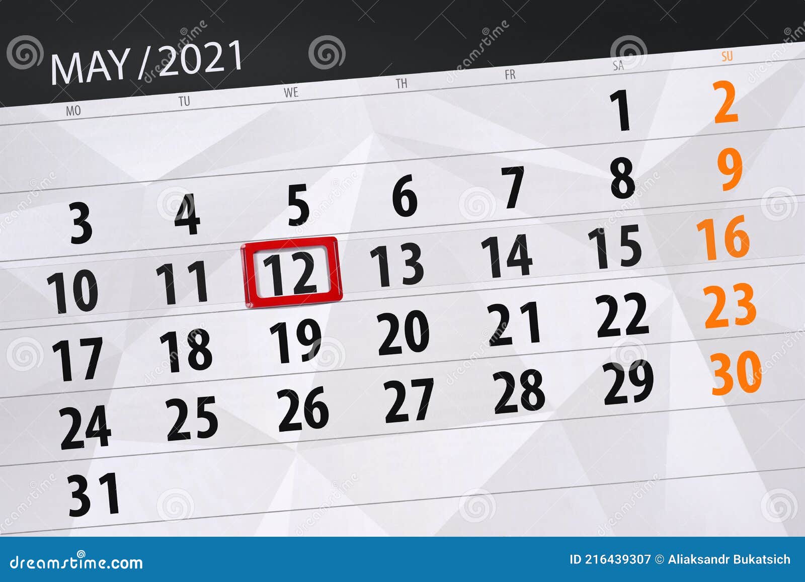 Calendrier Du Mois Mai 2021 Date Limite 12 Mercredi Image stock - Image ...