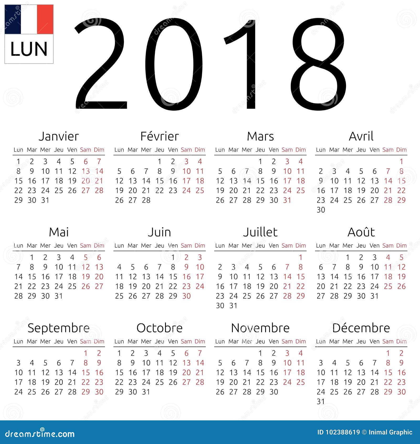 Calendrier 2018, Français, Lundi Illustration de Vecteur - Illustration ...