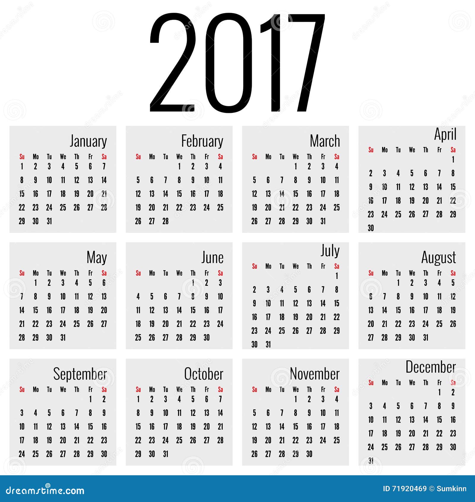 Calendrier Mensuel Pour 2017 Illustration de Vecteur - Illustration du ...