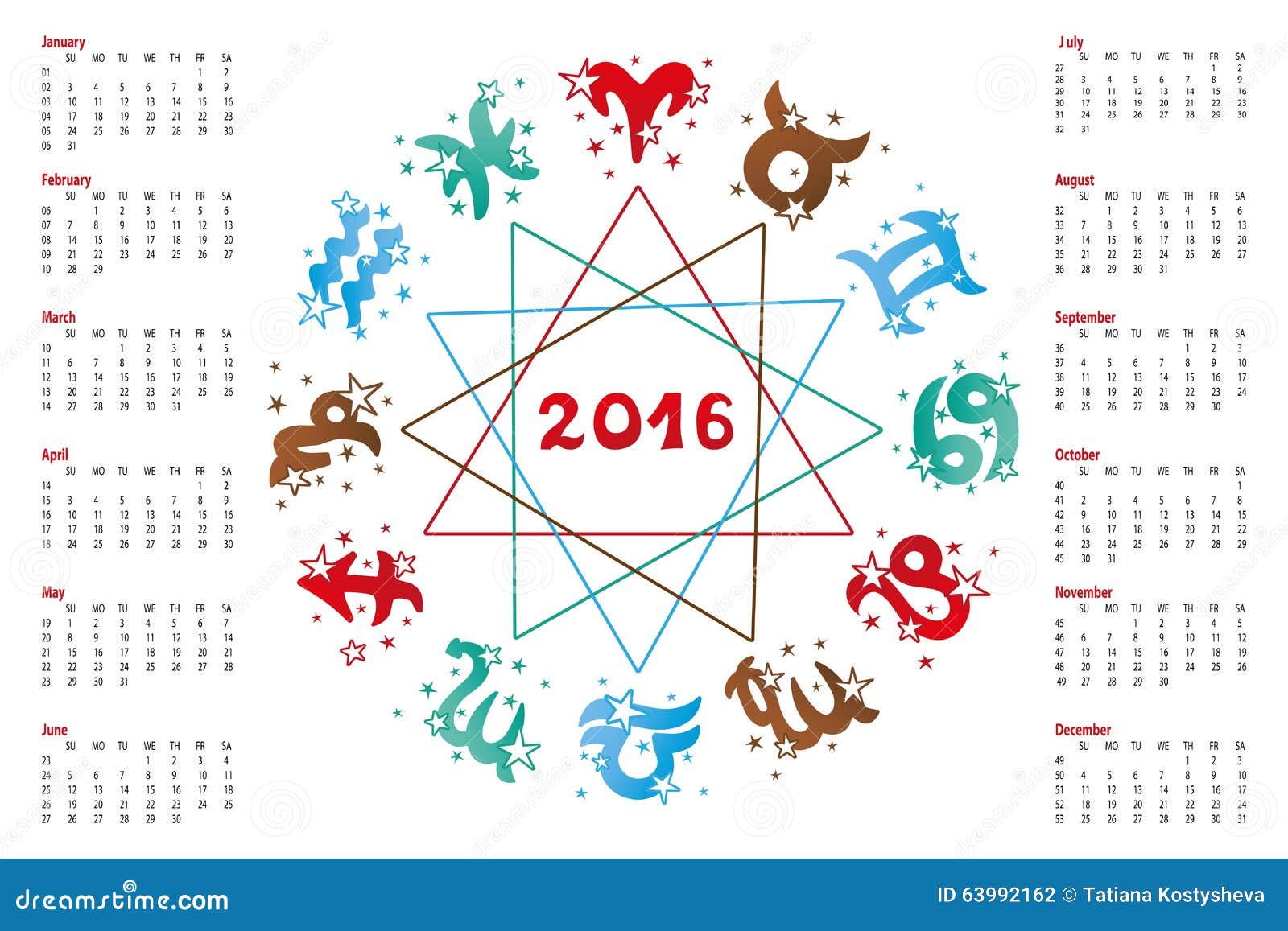 Calendrier 2016 Signe De Zodiaque D'horoscope Illustration de Vecteur ...