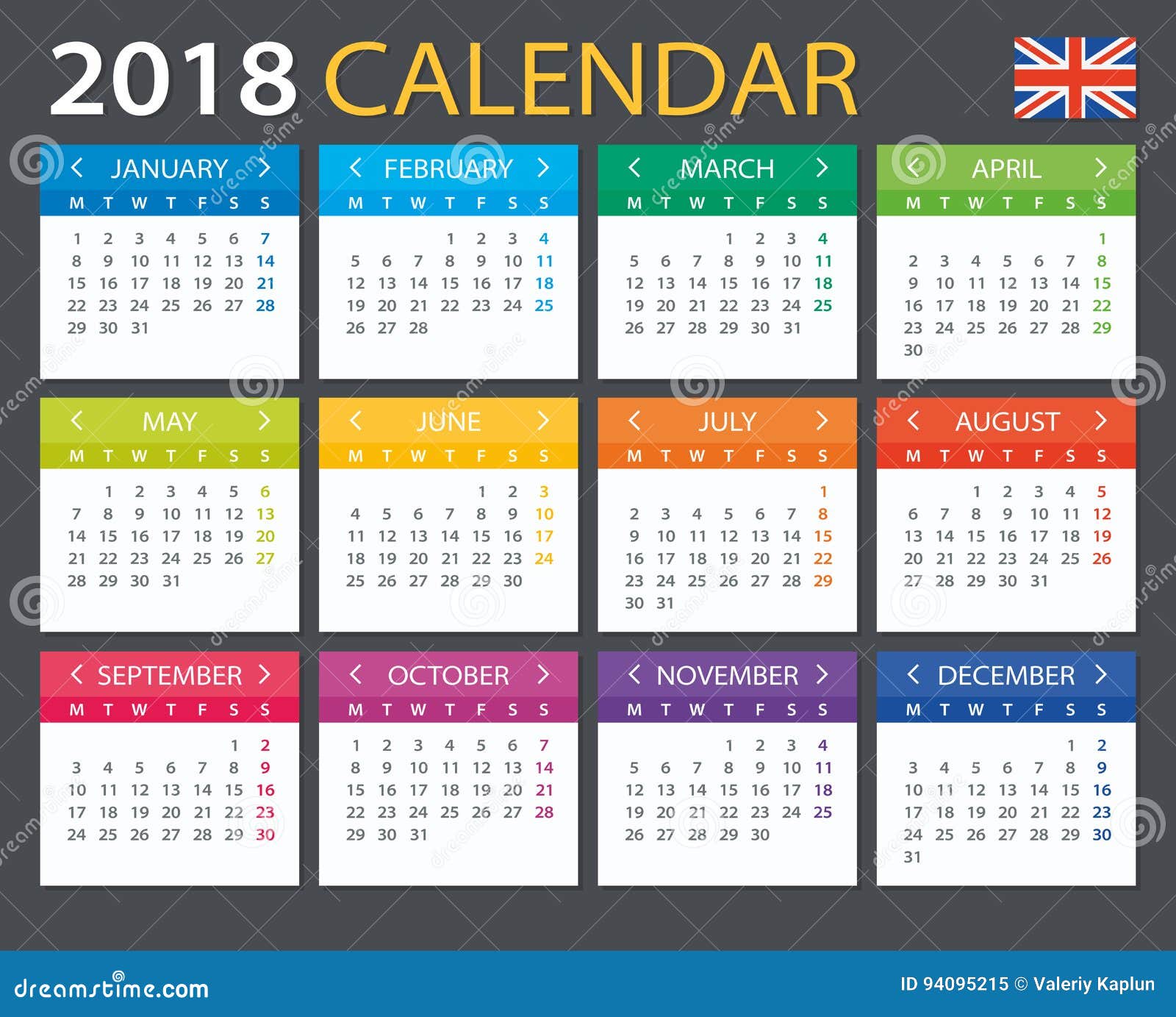 Calendrier 2018 - Version Anglaise Illustration Stock - Illustration du ...