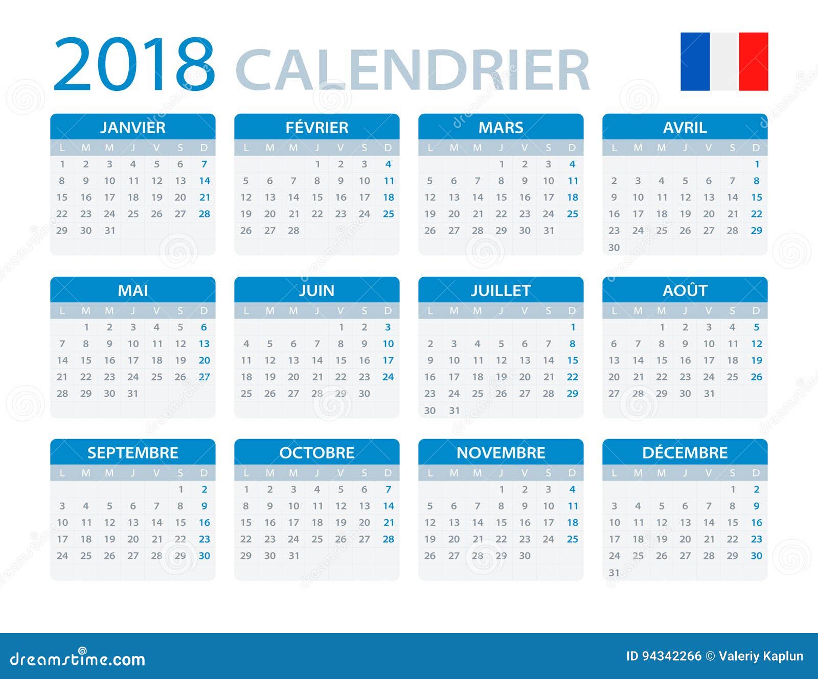 Calendrier 2018 - Version Française Illustration Stock - Illustration ...