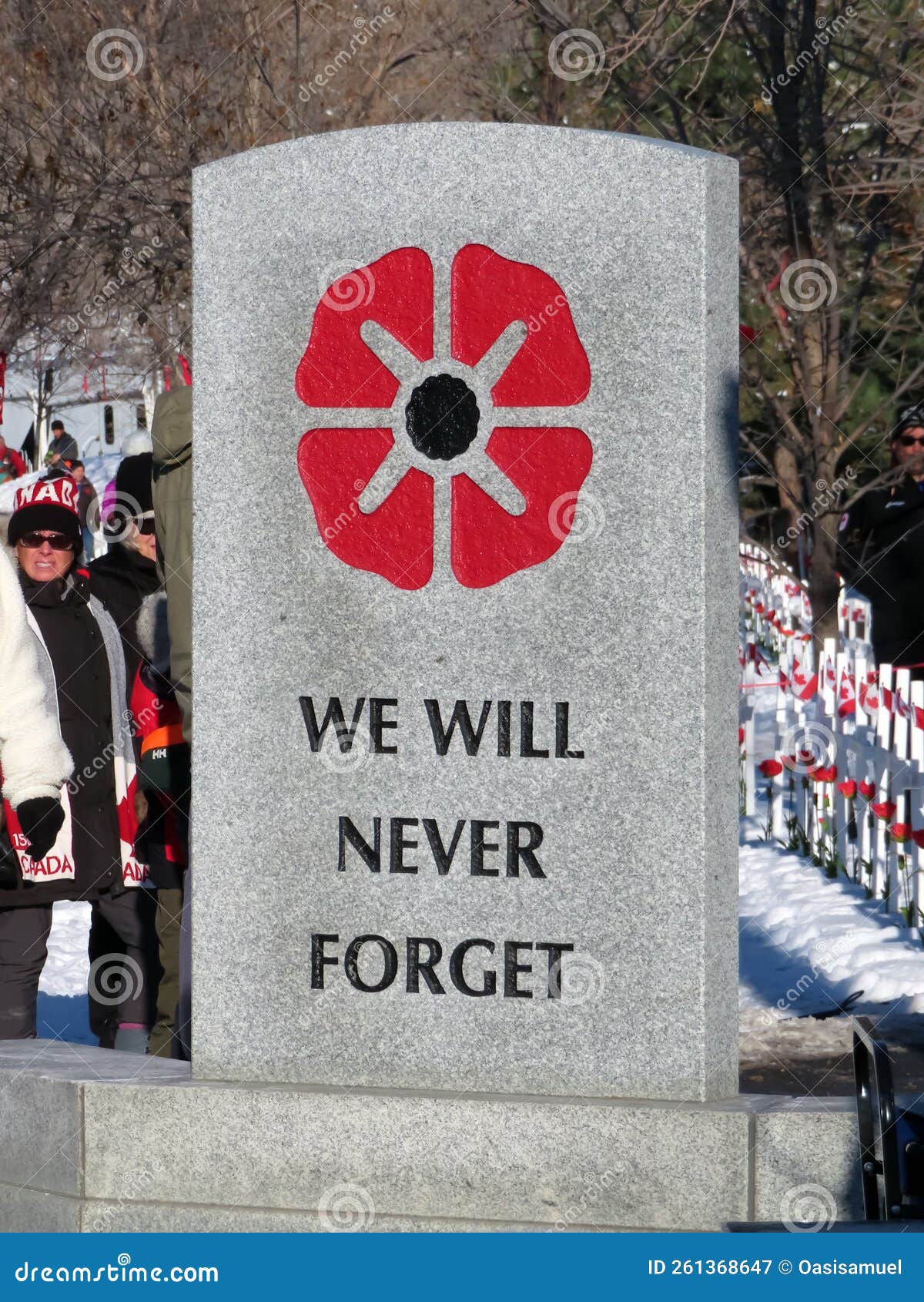 A Poppy on a Commemorative Monument with the Text: we Will Never Forget ...