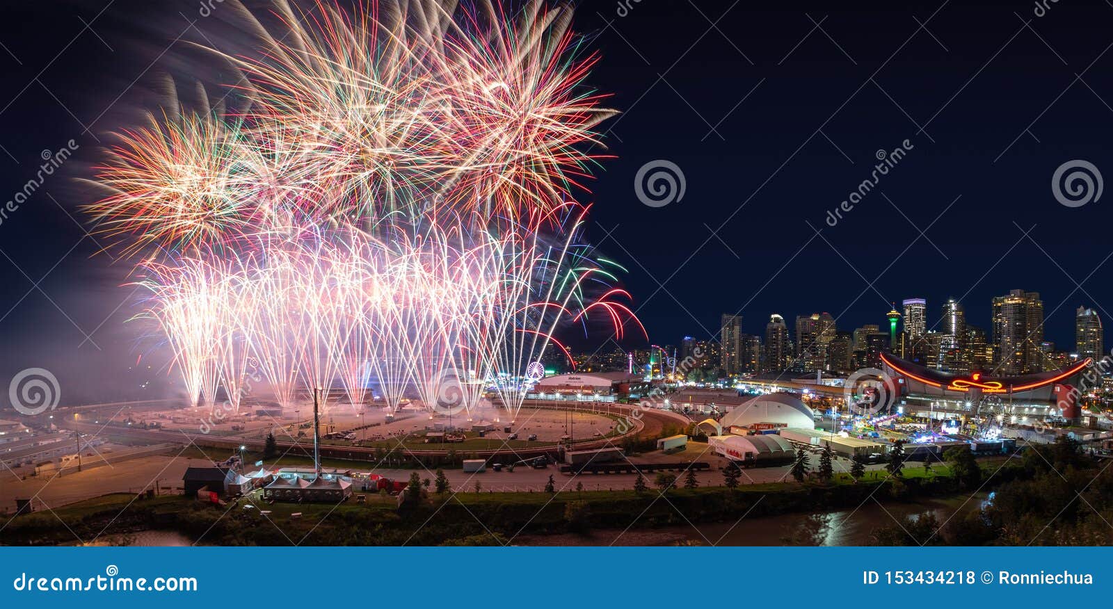 Calgary Stampede Fireworks Over Downtown City Skyline Editorial Stock ...