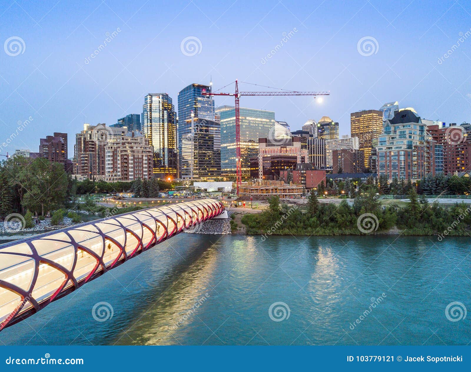 Calgary Downtown with Iluminated Peace Bridge, Alberta, Canada ...