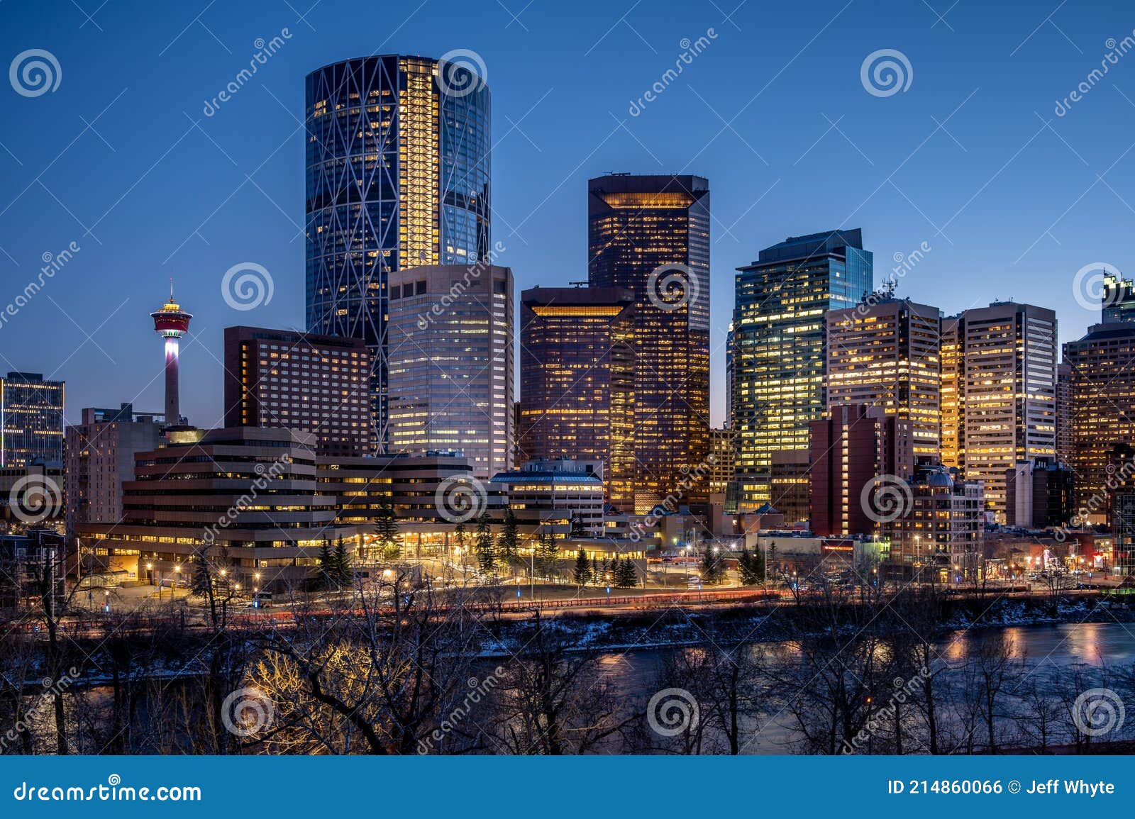 Calgary skyline at night stock photo. Image of bridge - 214860066