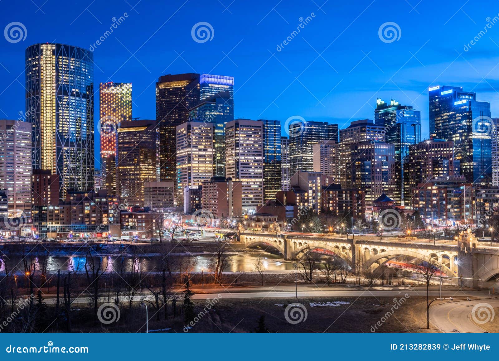 Calgary`s Skyline at Night on the Bow Stock Image - Image of calgary ...
