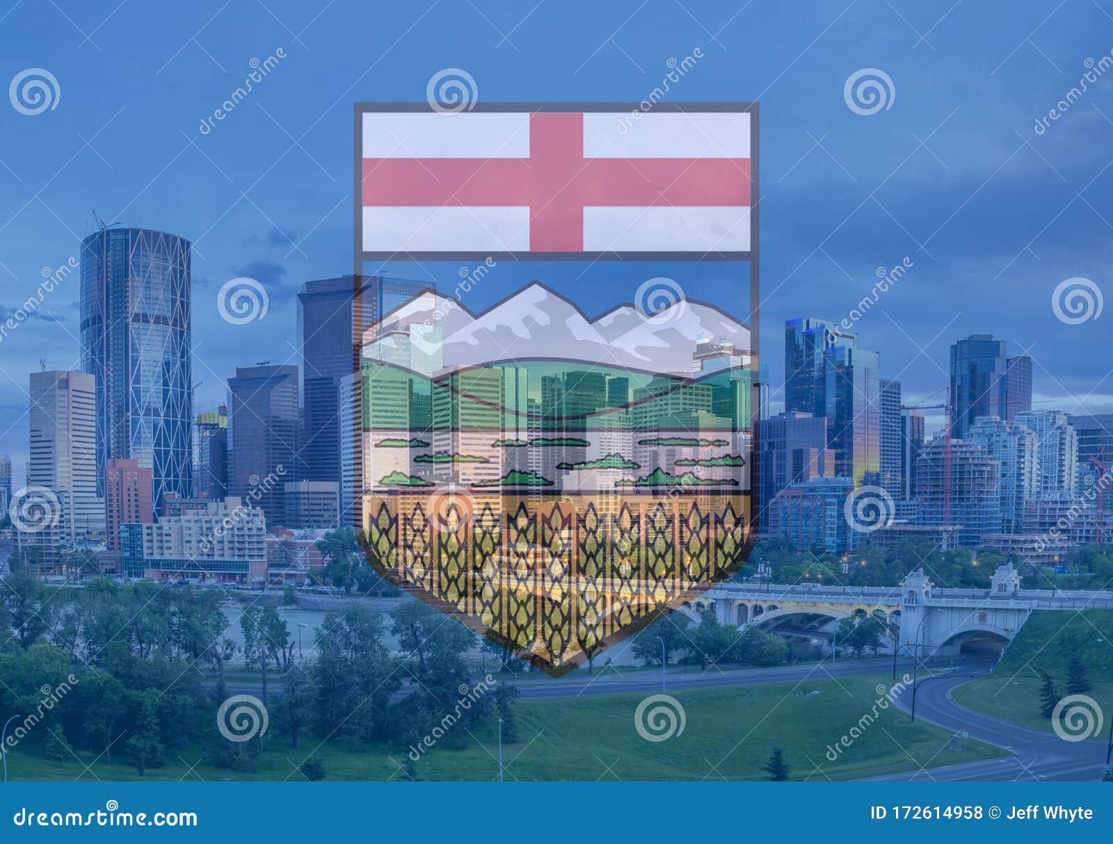 Calgary Skyline and Alberta Flag Composite Stock Photo - Image of park ...