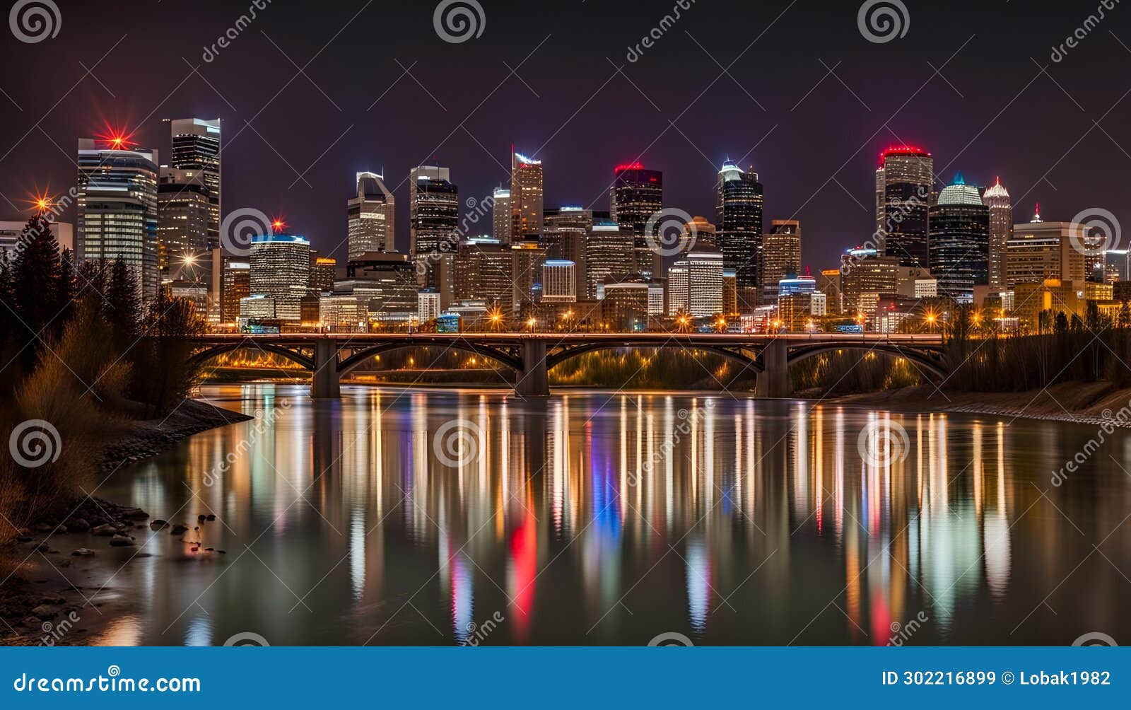 Calgary Skyline at Night with Bow River and Centre Street Bridge Stock ...