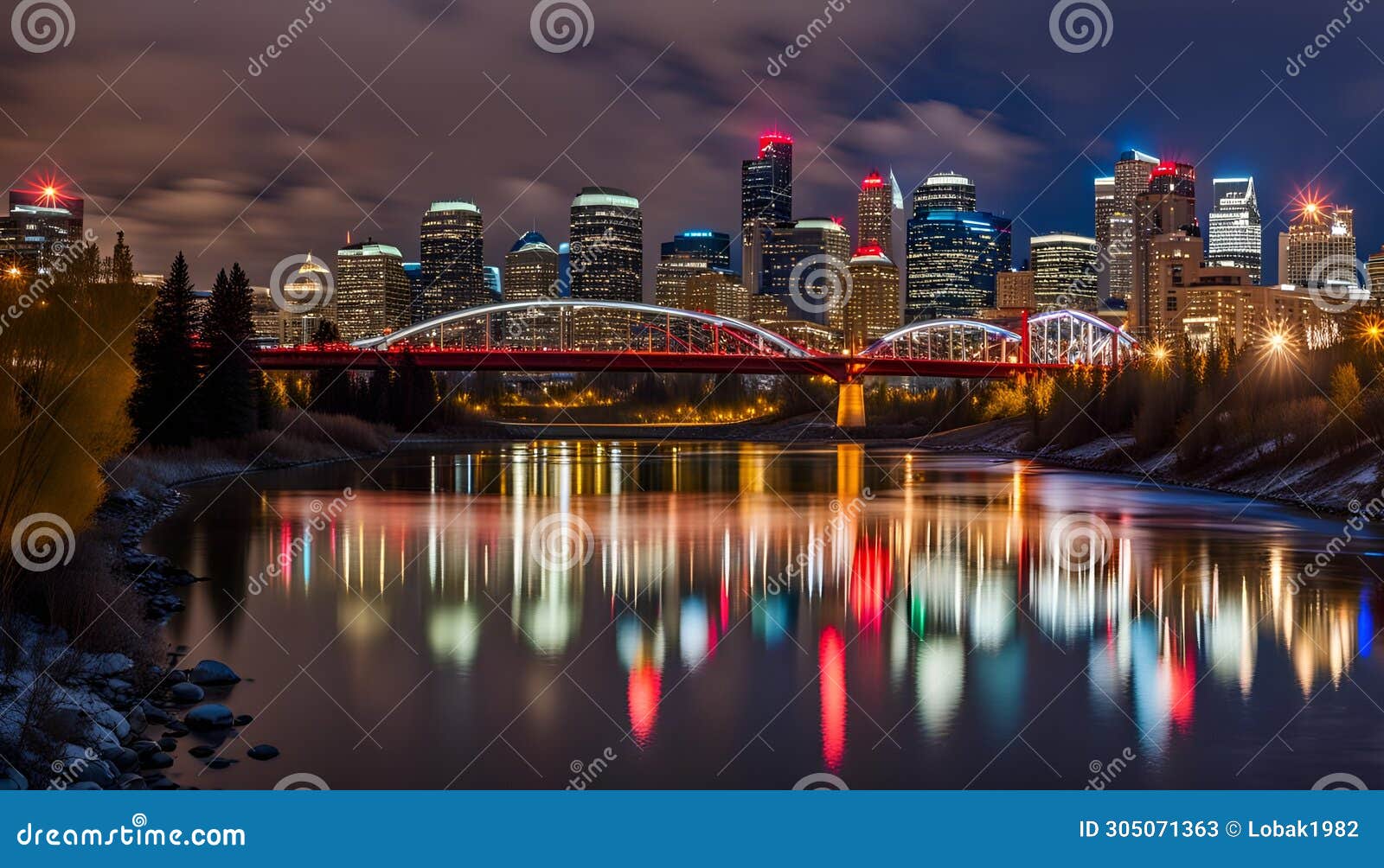 Calgary Skyline at Night with Bow River and Centre Street Bridge Stock ...