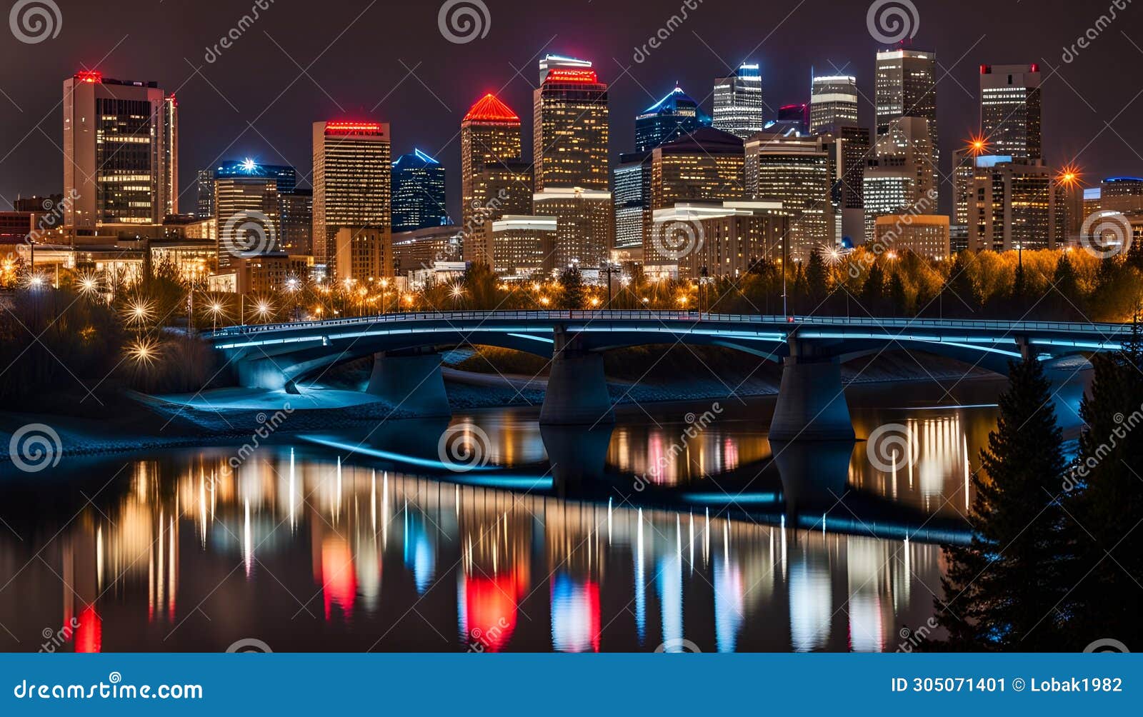 Calgary Skyline at Night with Bow River and Centre Street Bridge Stock ...