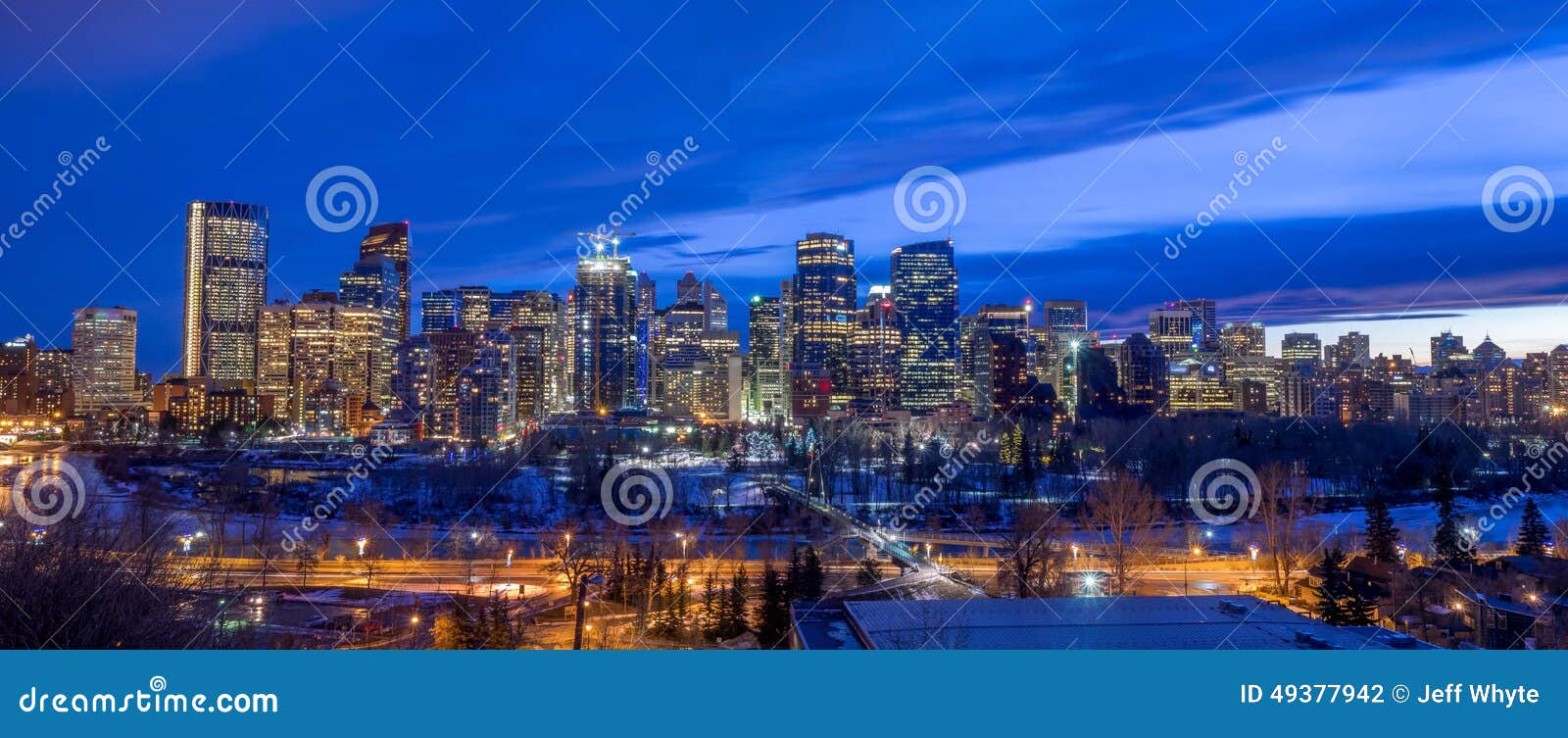 Calgary Skyline at Night with Bow River Editorial Photography - Image ...