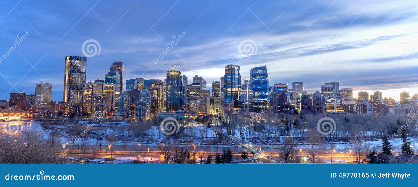 Calgary Skyline at Night with Bow River Stock Image - Image of dark ...