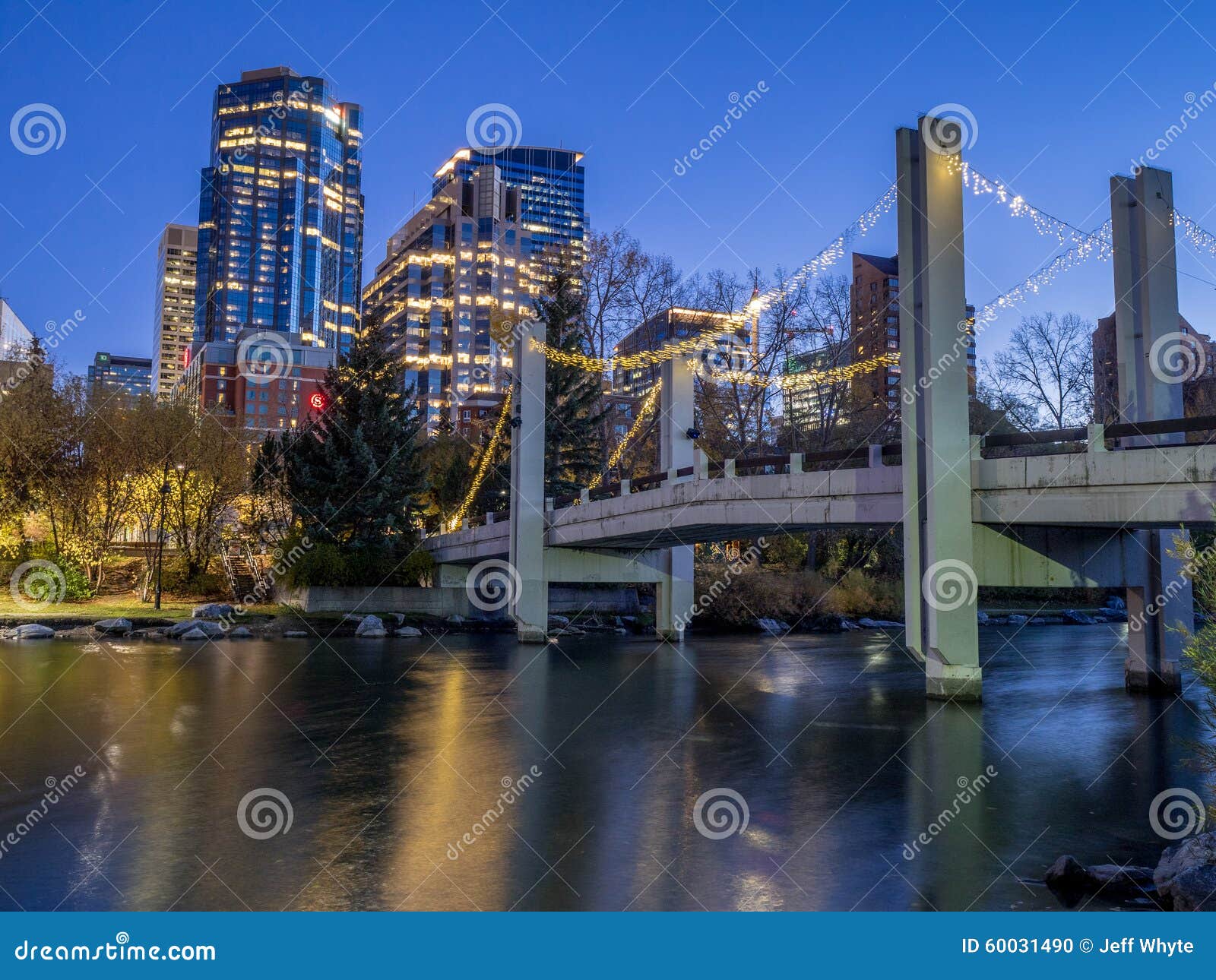 Calgary skyline at night editorial image. Image of water - 60031490
