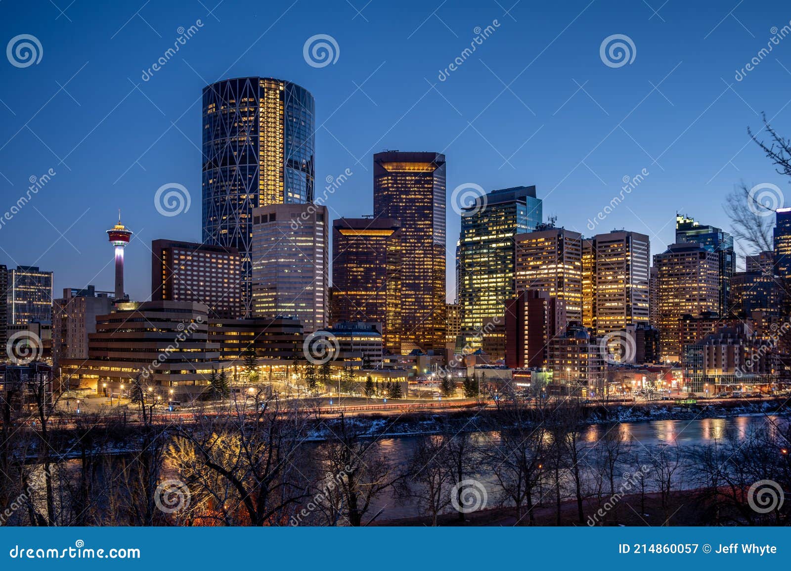 Calgary skyline at night stock image. Image of calgarys - 214860057