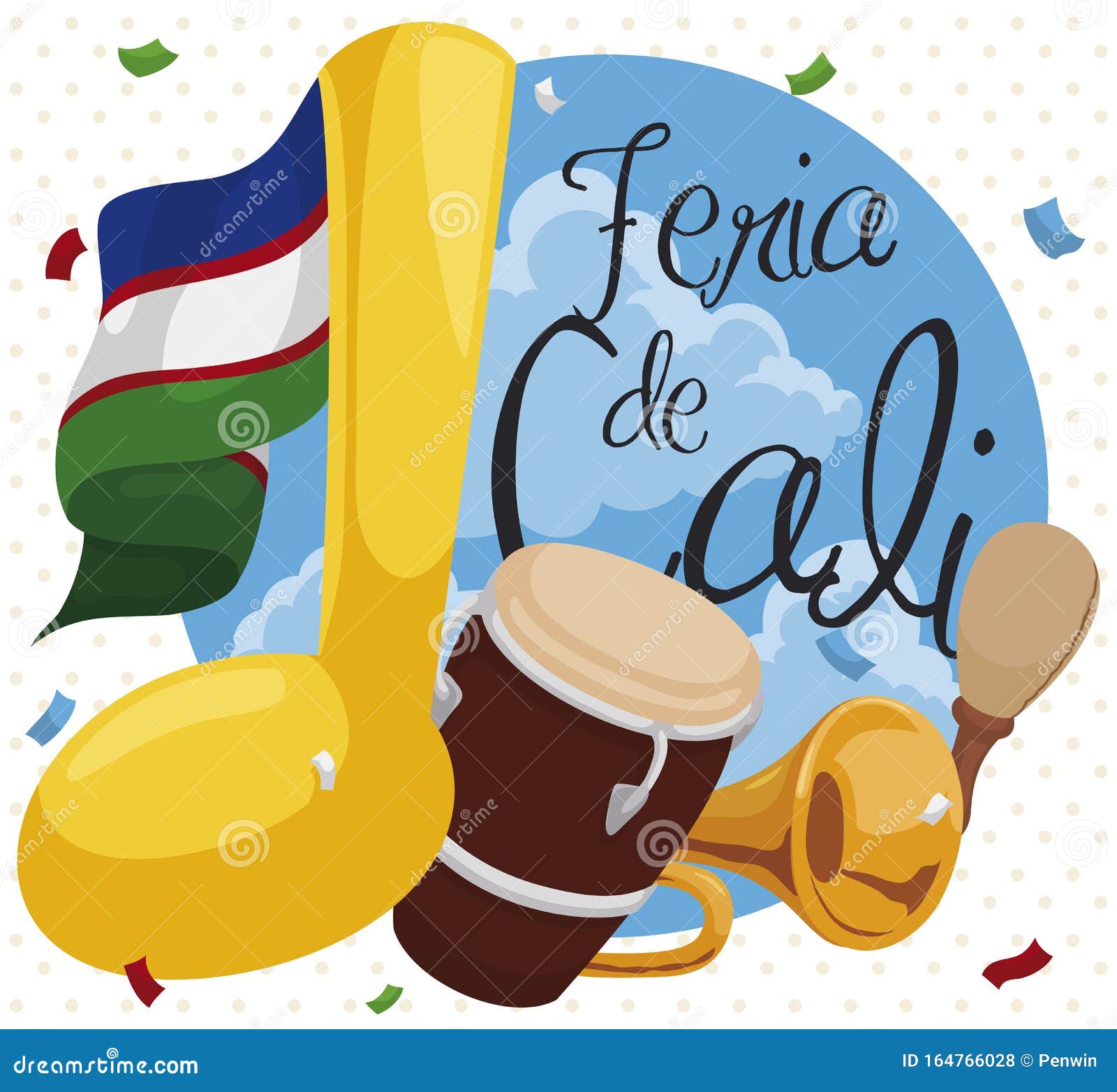 Cali Fair Design with Musical Instruments, Flag and Note, Vector ...