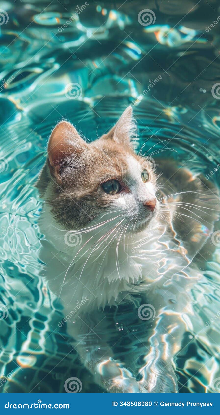 Calico Cat Swimming in Sunlit Pool with Rippling Water Patterns Stock ...