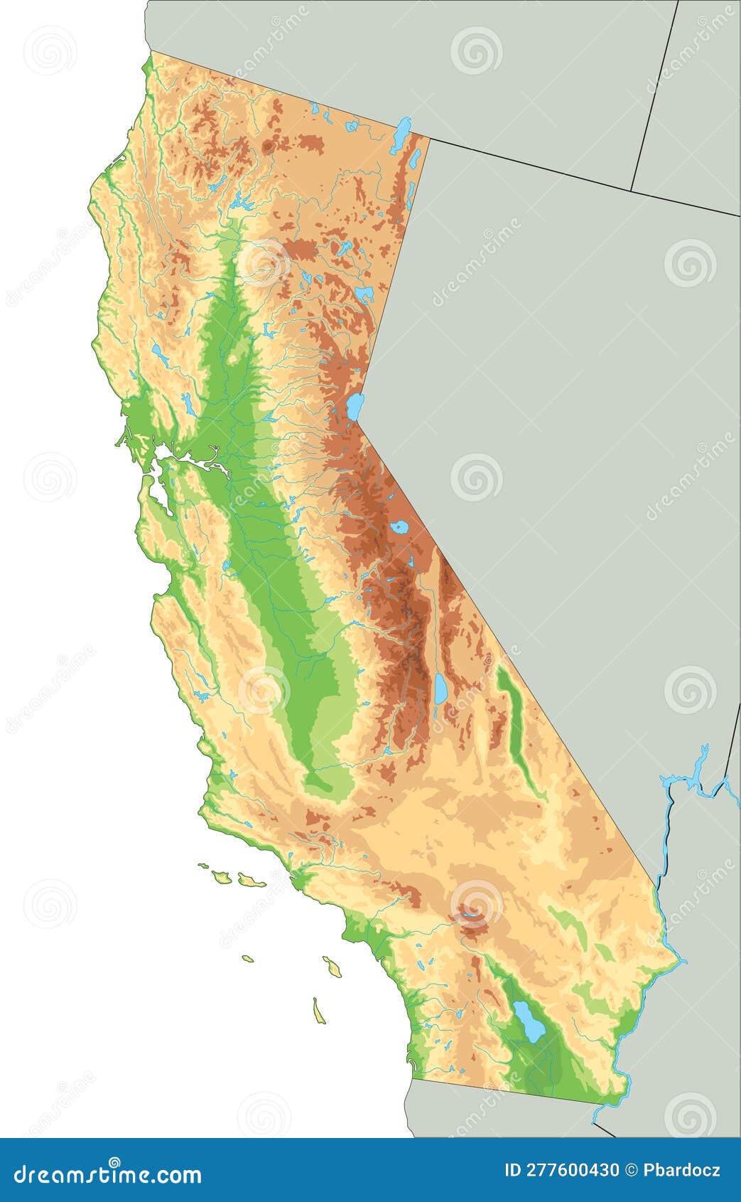 Detailed California Physical Map. Stock Vector - Illustration of county ...