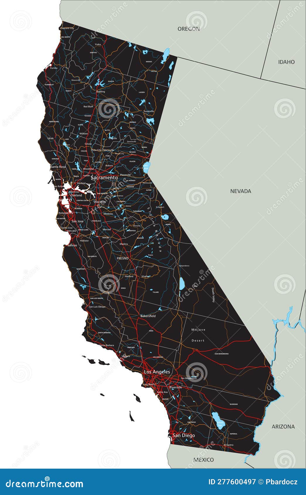 Detailed California Road Map with Labeling. Stock Vector - Illustration ...