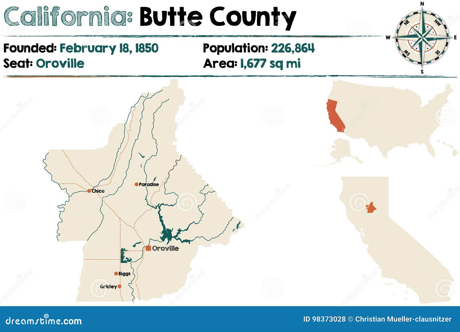 California - Butte County Map Stock Vector - Illustration of america ...