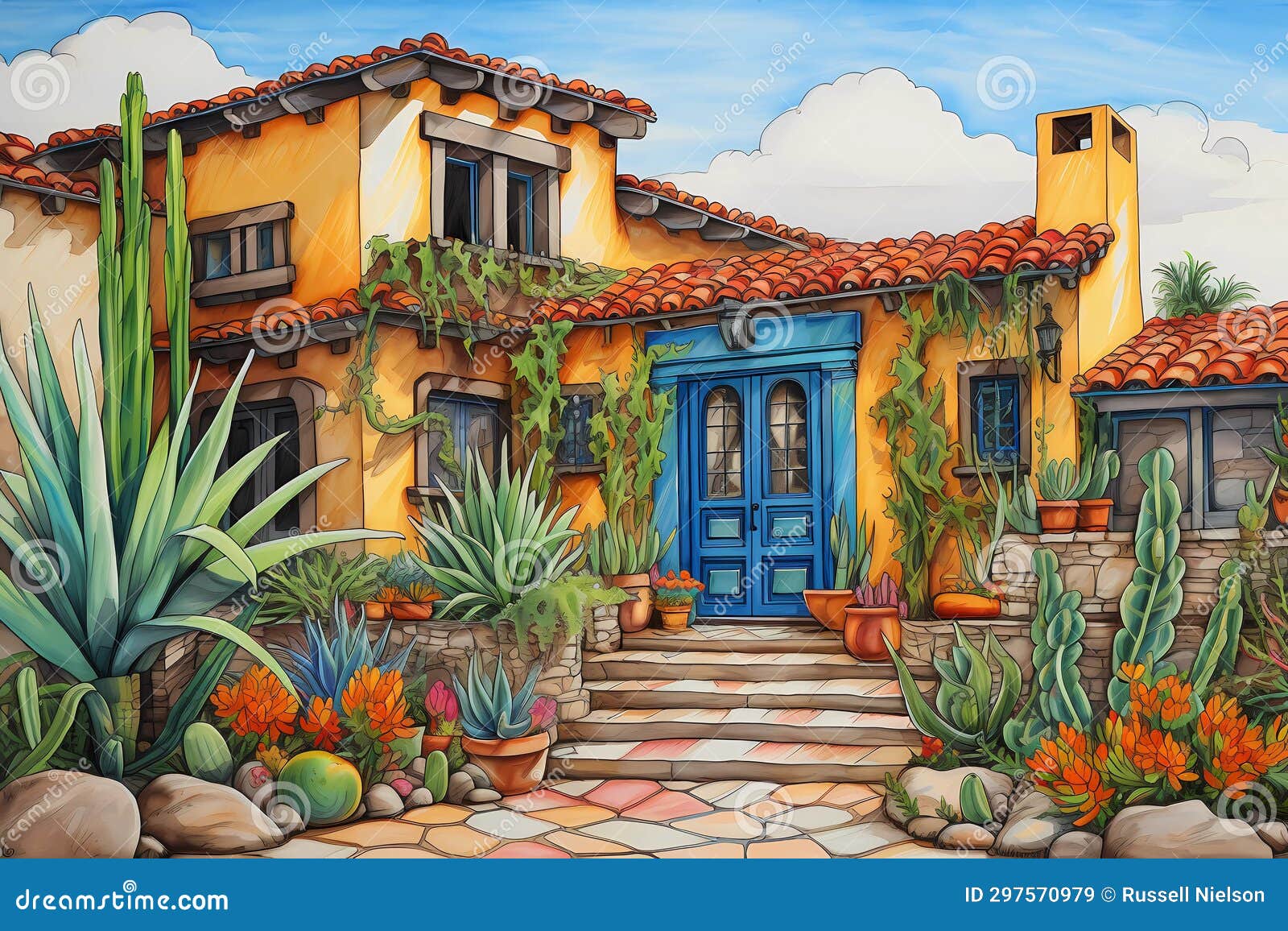 Mission Style House (Cartoon Colored Pencil) Stock Illustration ...