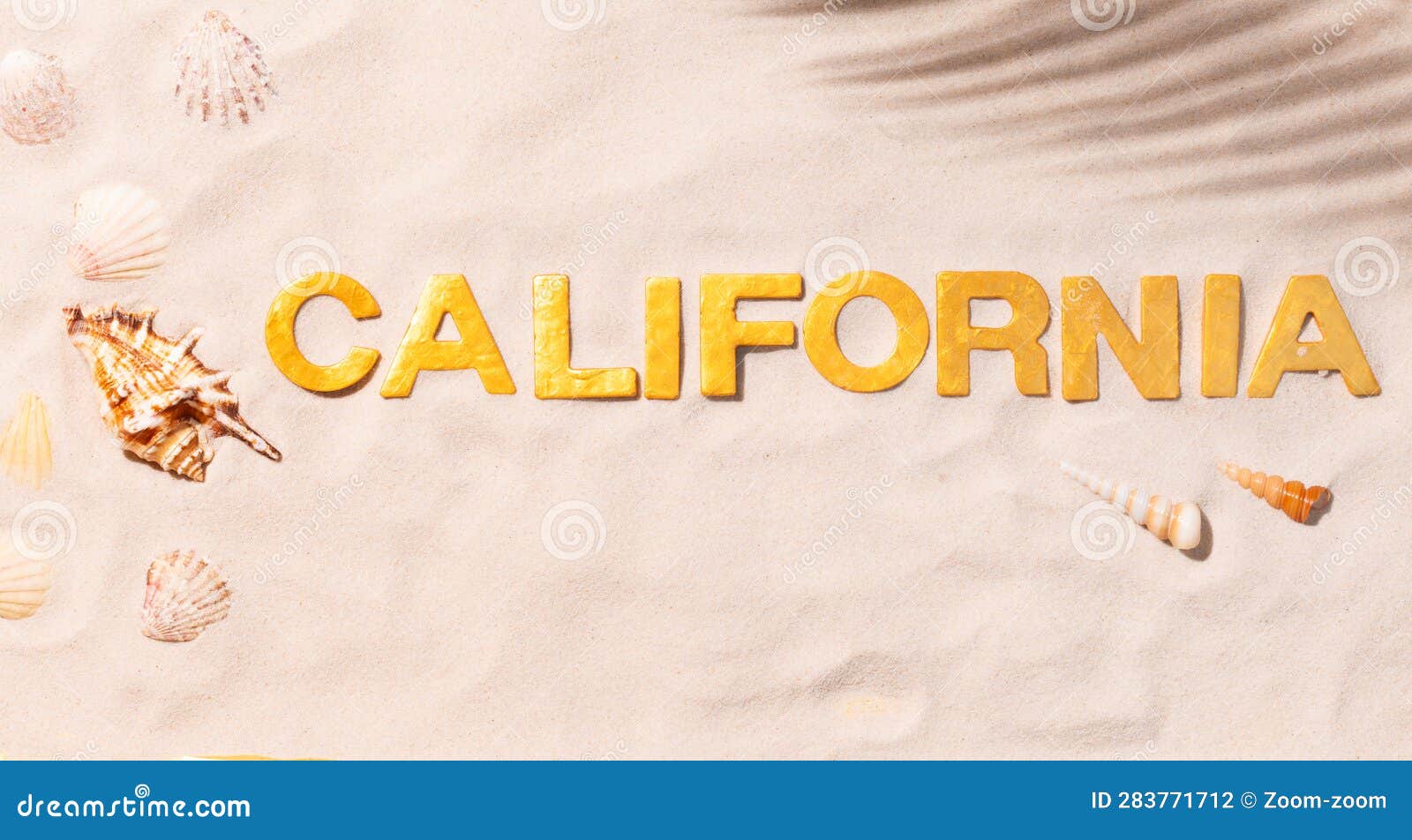 California - Text in White Sand with Seashells Stock Photo - Image of ...