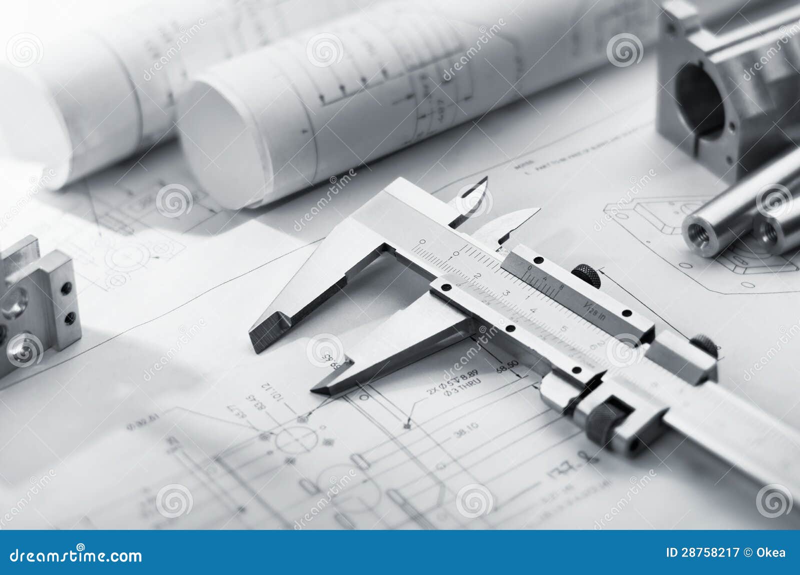 Caliper on blueprint stock image. Image of steel, machine - 28758217