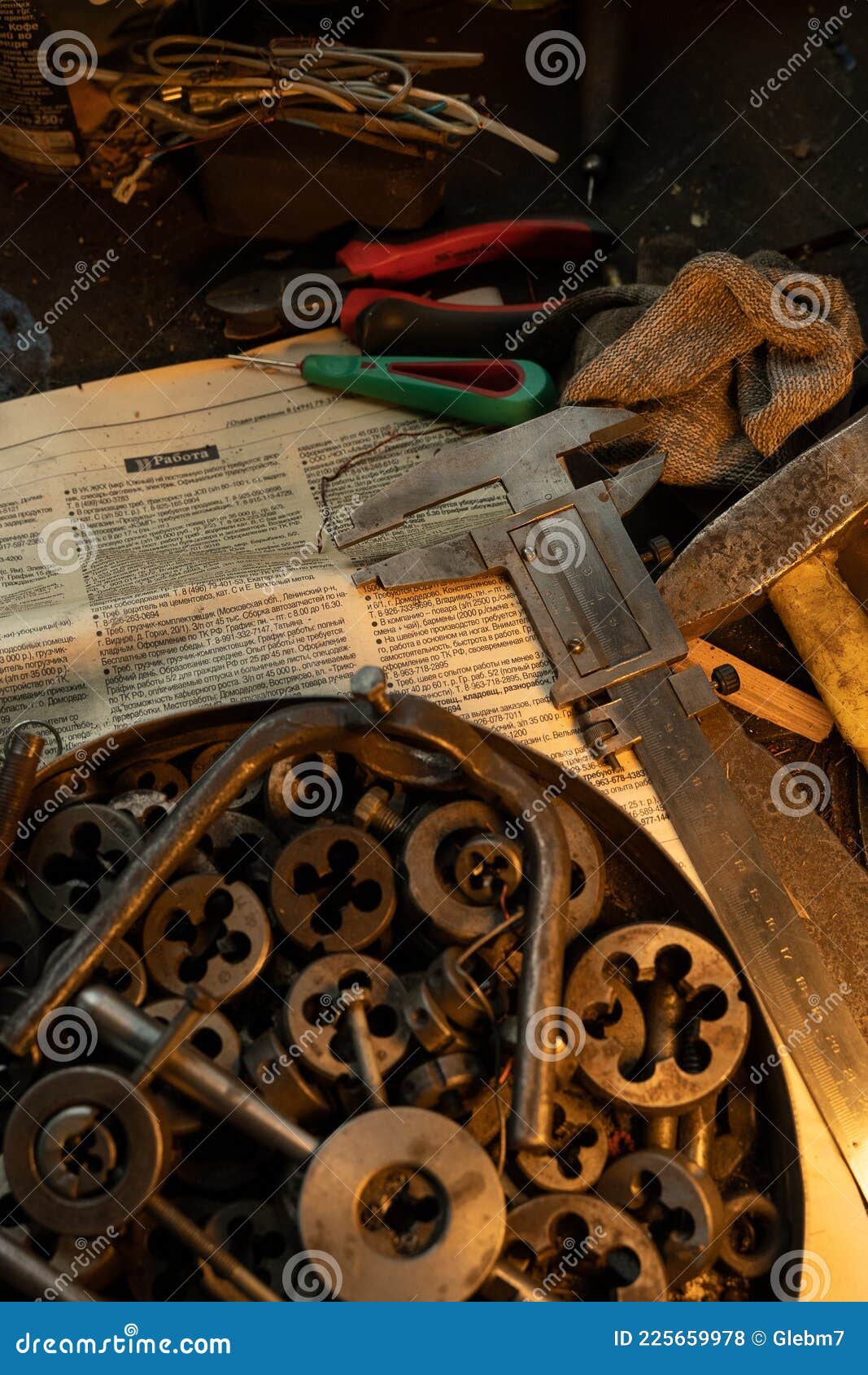 Caliper Garage Old Tool On The Workbench Stand Wheel Wrenches ...
