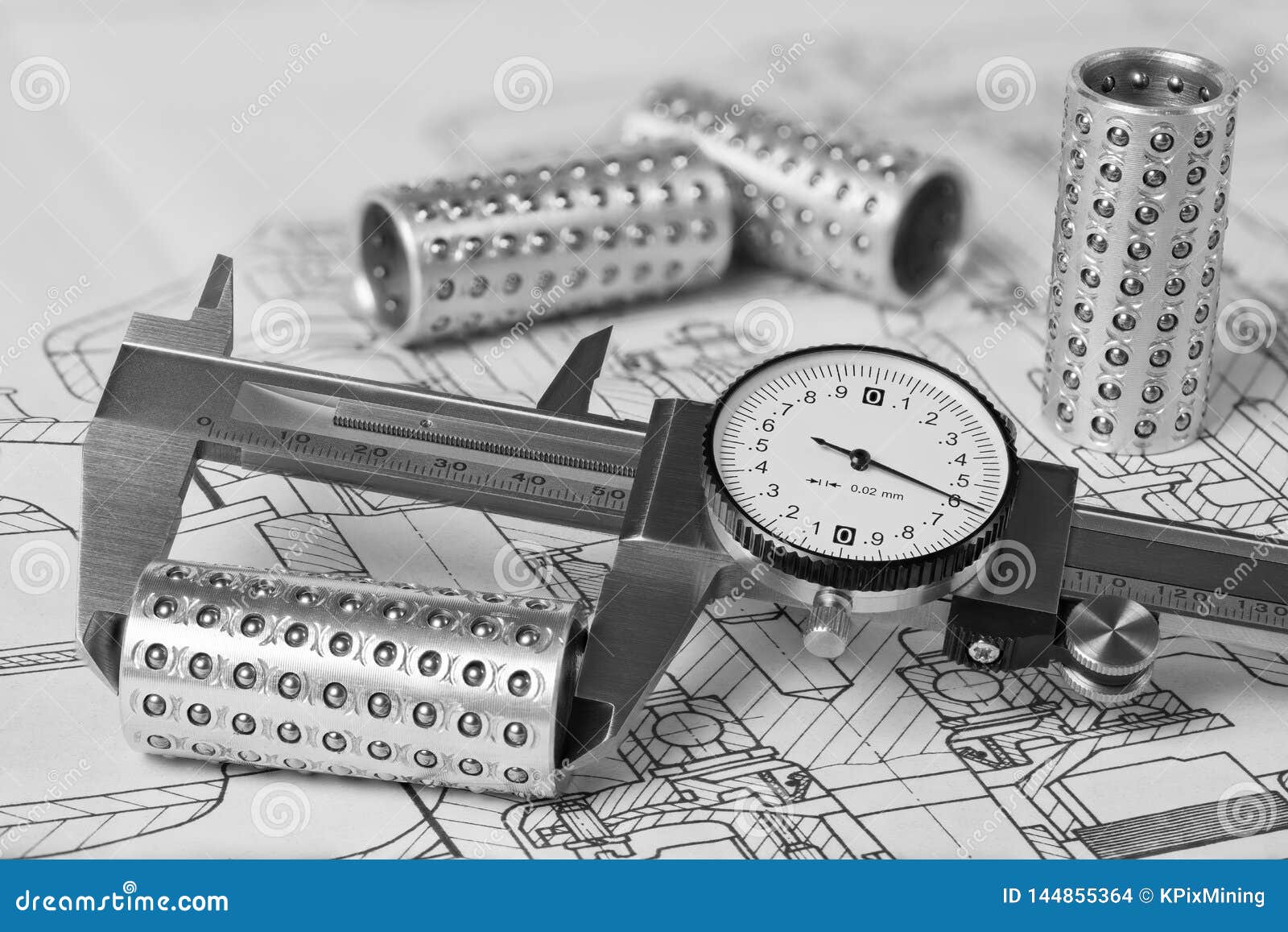 Caliper. Linear Ball Bearings. Plan. Measuring of Metal Rollers ...