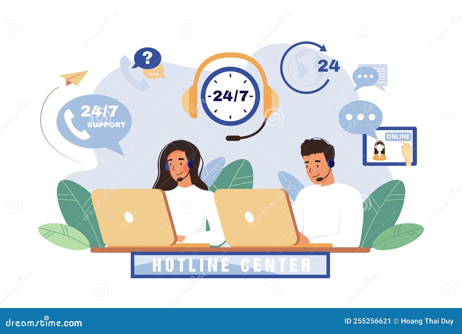 Call Center Agent with Headset Working on Support Hotline Stock Vector ...