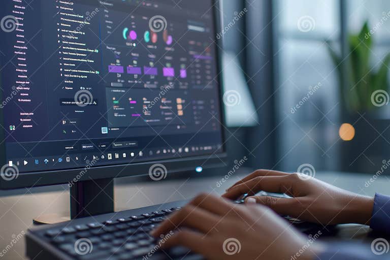 Call Center Agent Typing on Keyboard with Live Chat Interface and ...