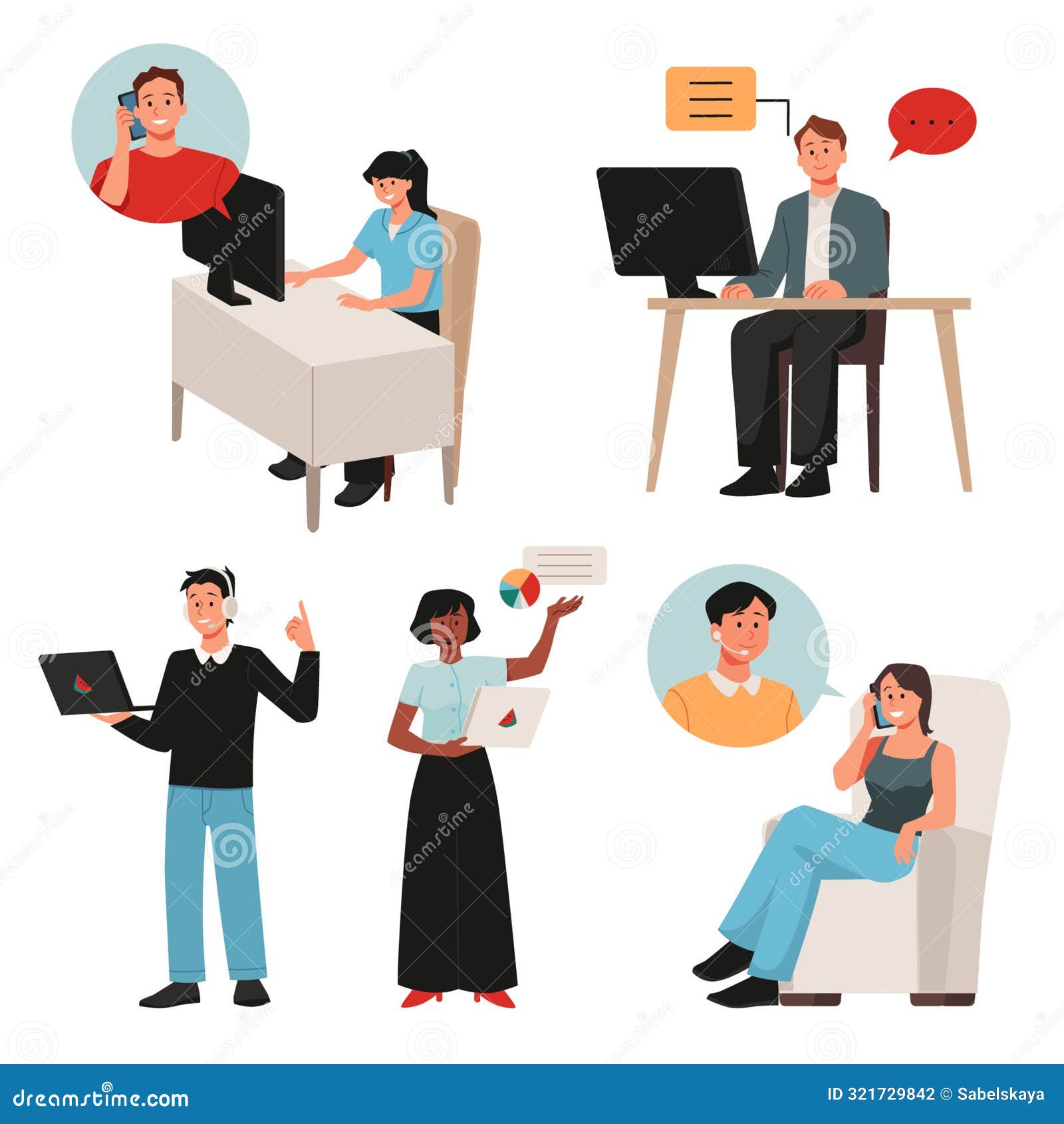 Call Center Communication Activities Vector Illustration Set Stock ...
