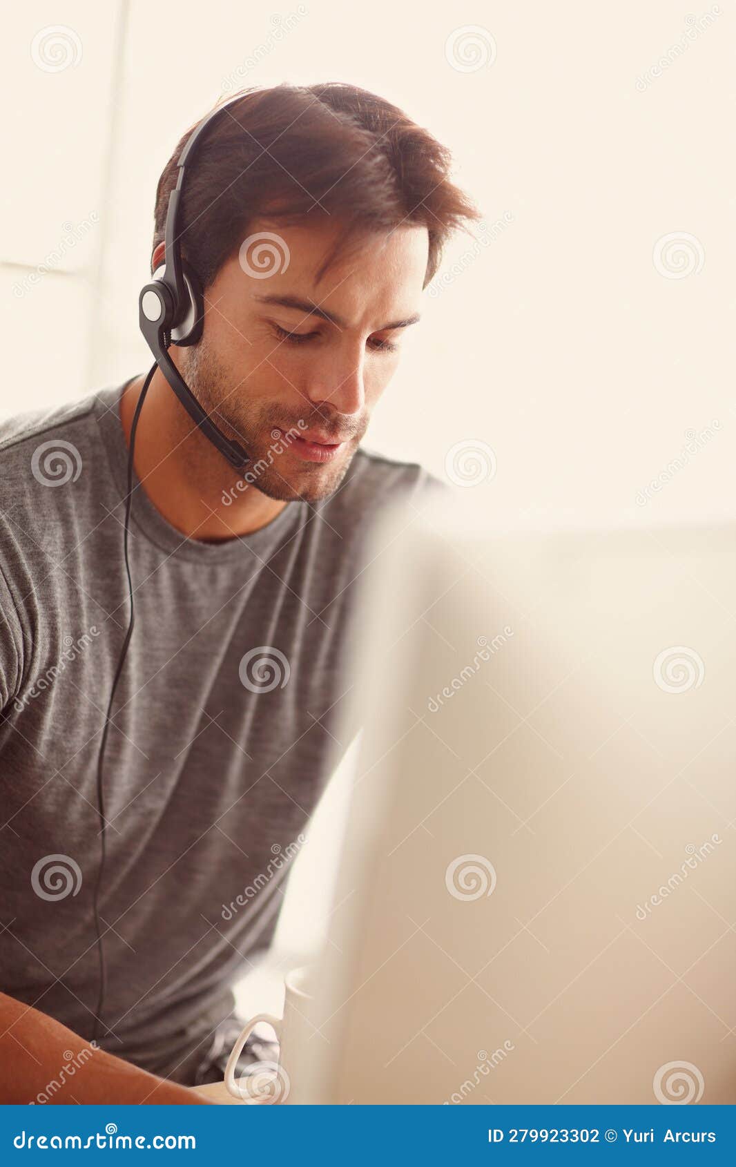 Call Center, Computer and Man Thinking of Information Technology, Technical Support and Software ...