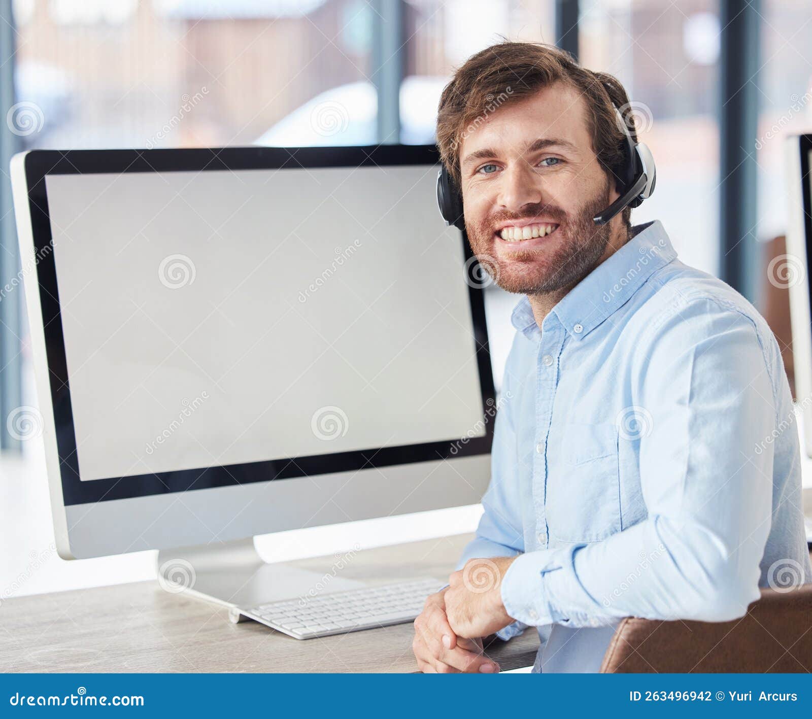 Call Center, Computer and Mockup with Businessman in Office for ...