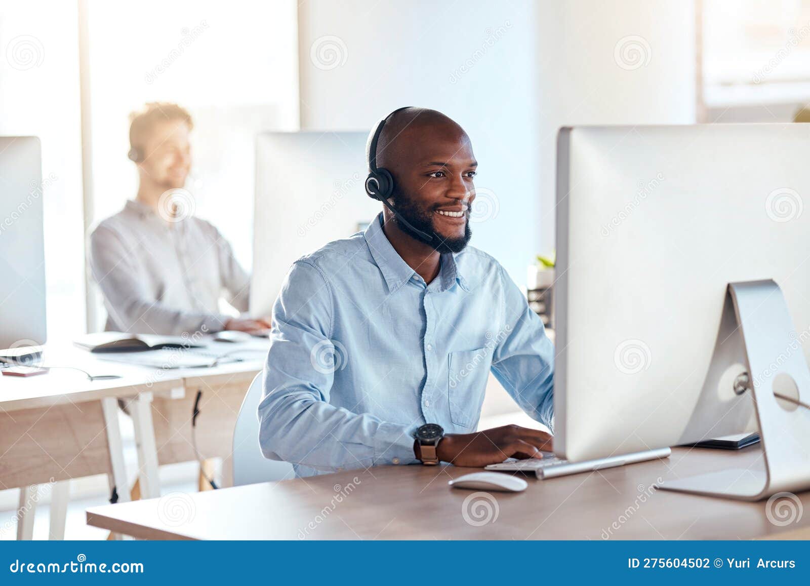 Call Center, Computer and Online with Black Man in Office for Customer ...