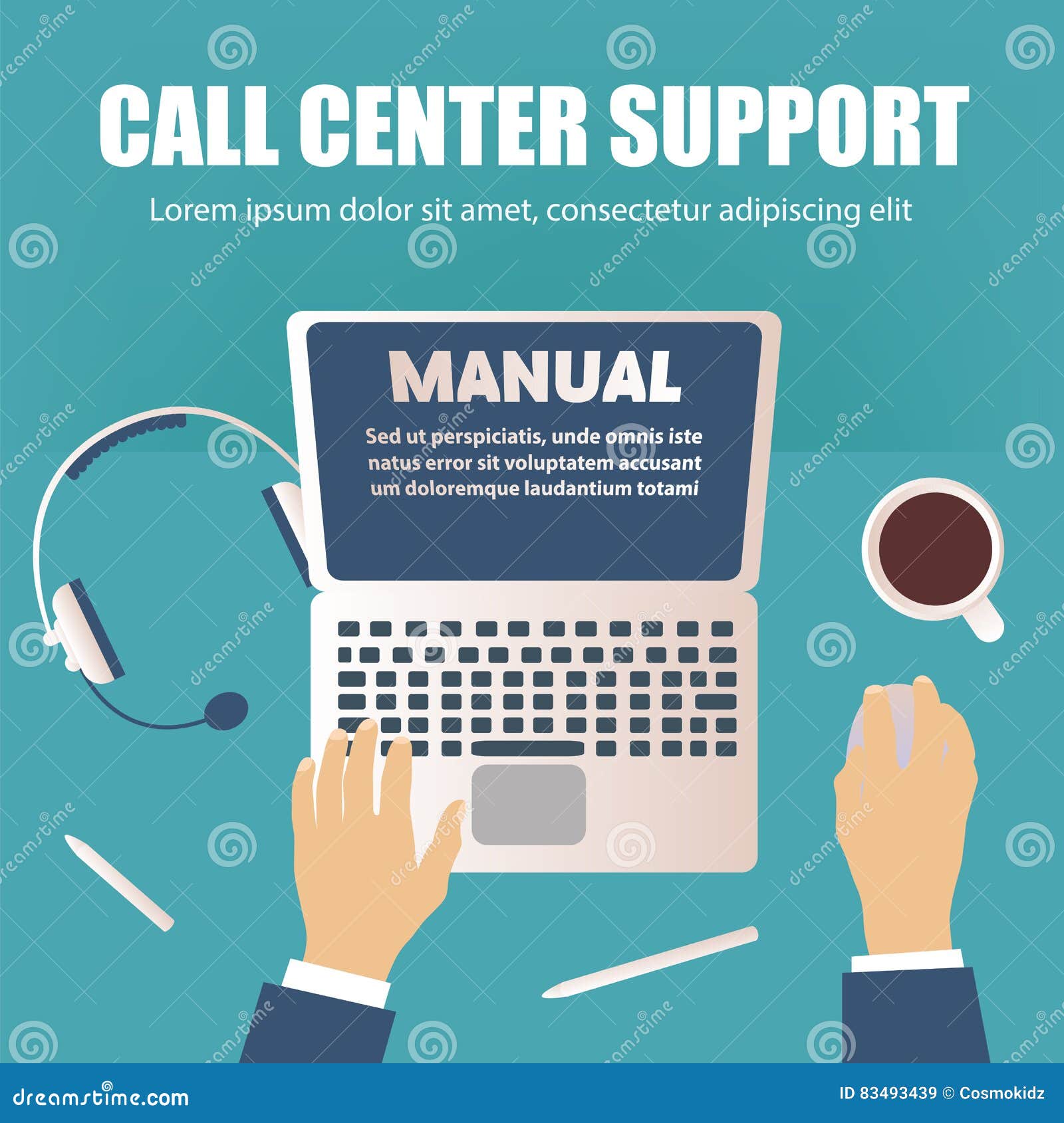 Call Center Concept, Overhead Desktop View, Vector Illustration Stock ...