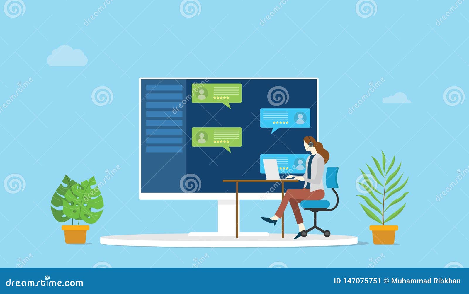 Call Center Concept with Woman on Calling Support with Chat Background ...