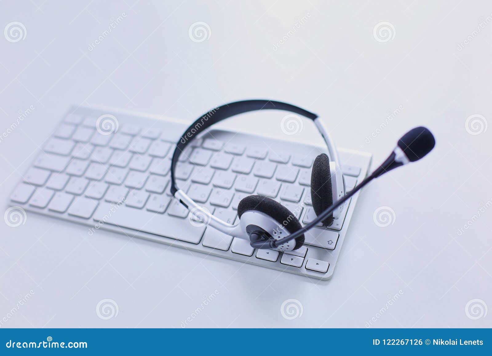Call Center and Customer Service Help Desk. VOIP Headset on Laptop ...