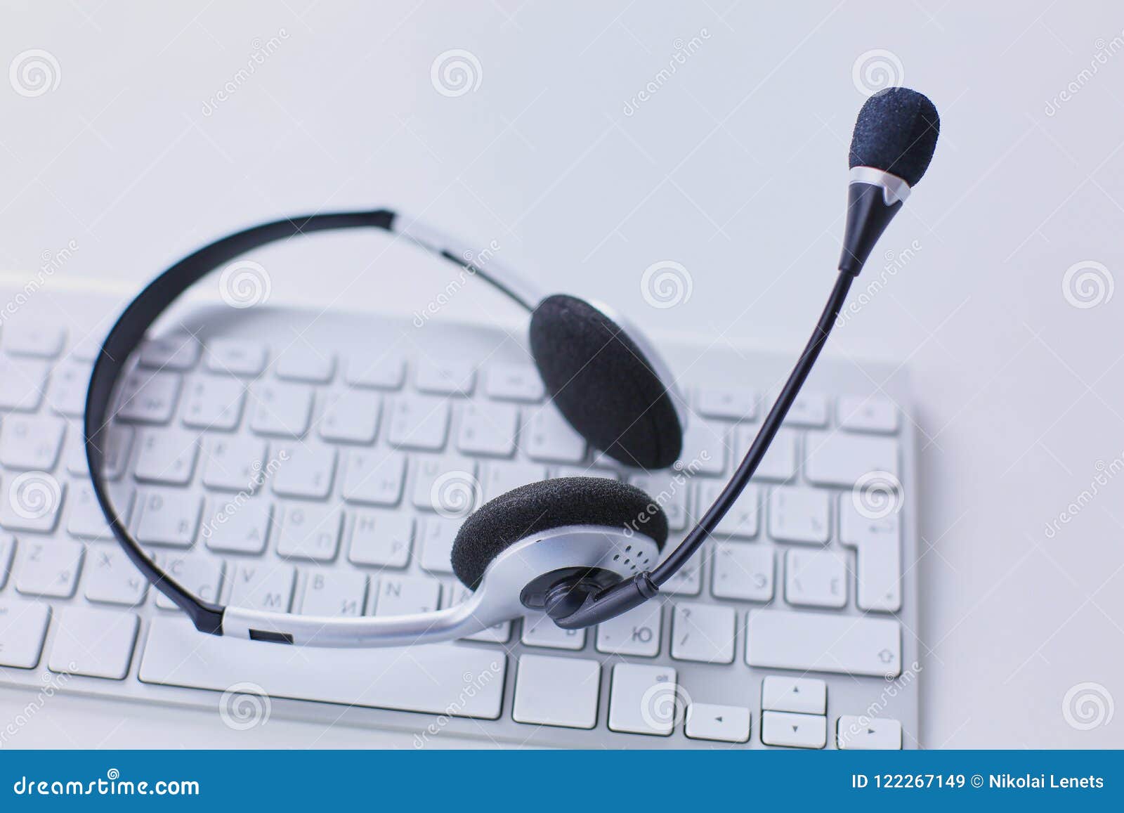 Call Center and Customer Service Help Desk. VOIP Headset on Laptop ...