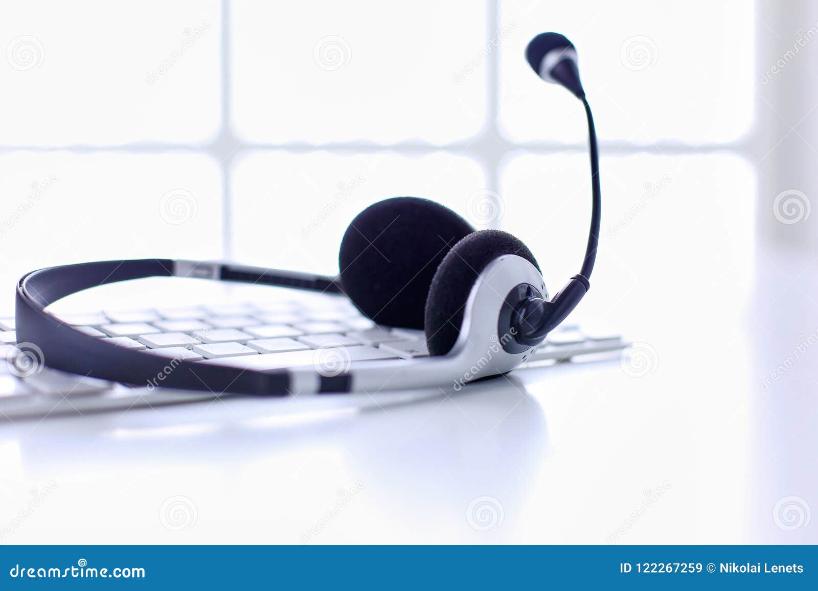 Call Center and Customer Service Help Desk. VOIP Headset on Laptop ...