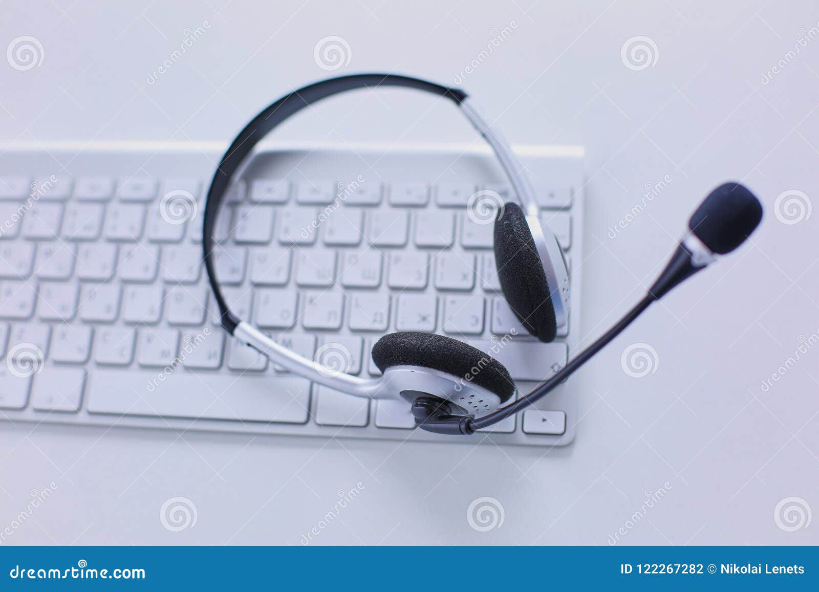 Call Center and Customer Service Help Desk. VOIP Headset on Laptop ...