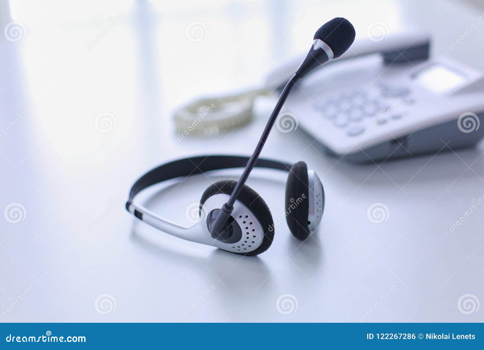 Call Center and Customer Service Help Desk. VOIP Headset on Laptop ...