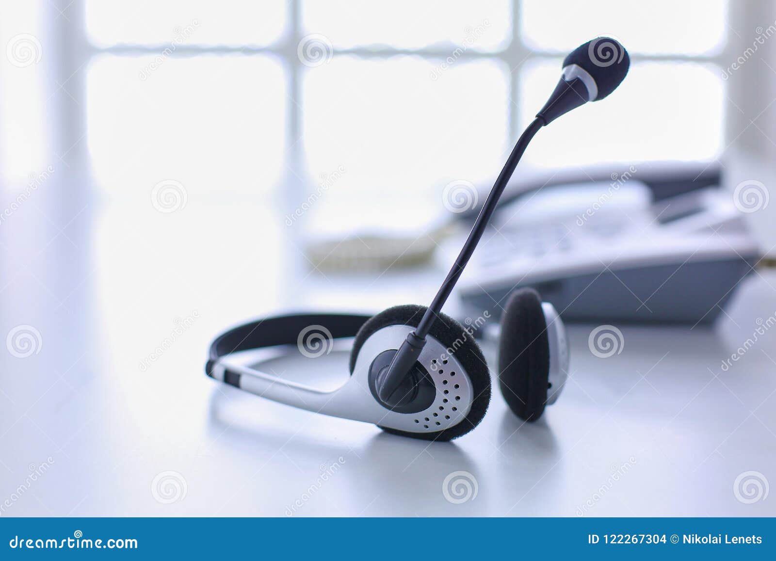 Call Center and Customer Service Help Desk. VOIP Headset on Laptop ...