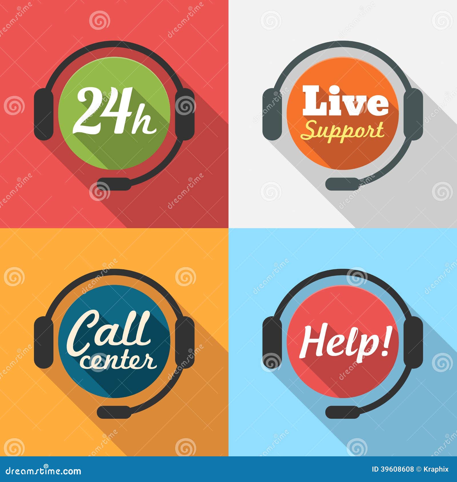 Call Center / Customer Service / 24 Hours Support Flat Icon Stock ...
