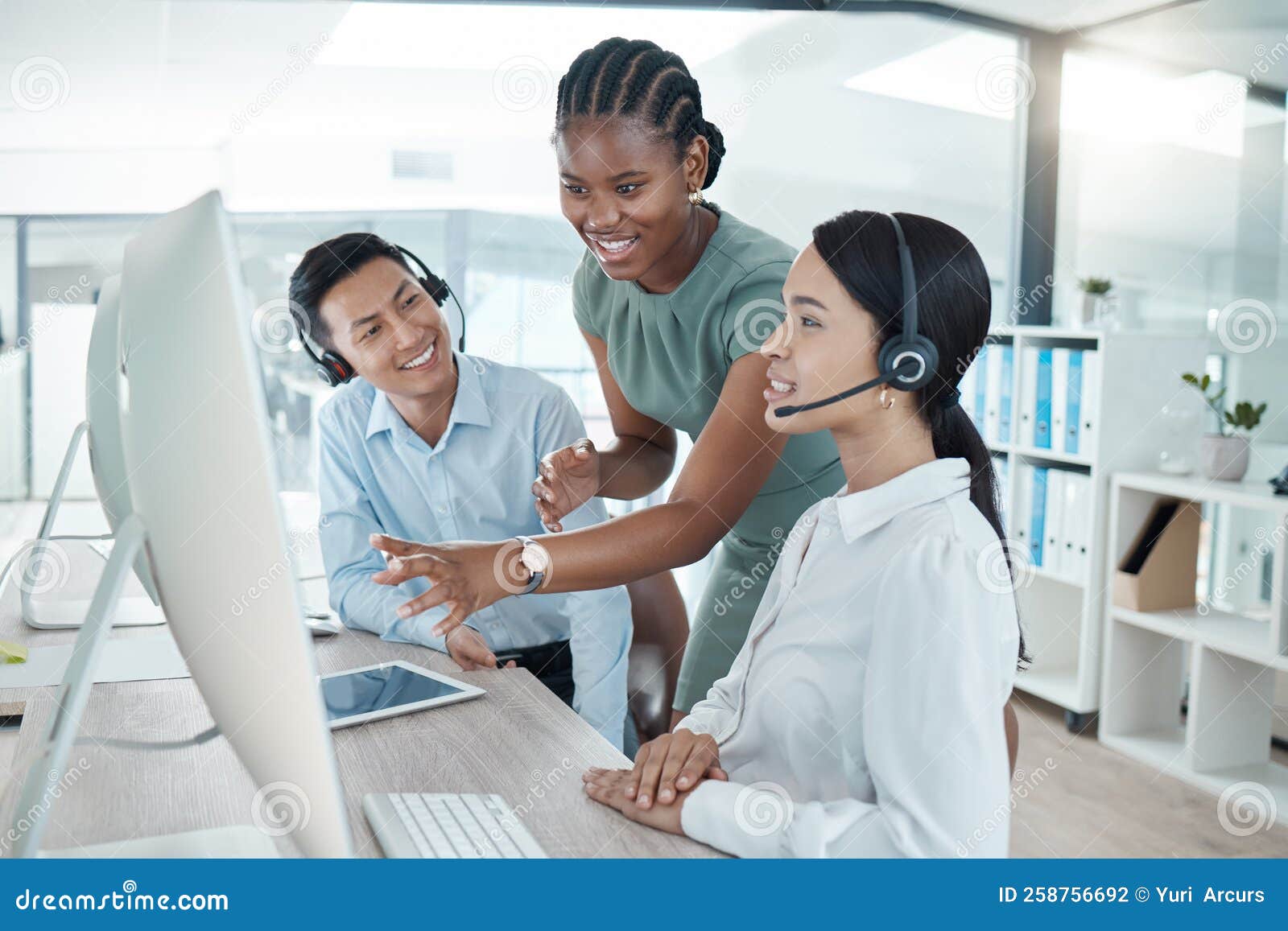 Call Center, Customer Service Worker and Teamwork or Training and ...