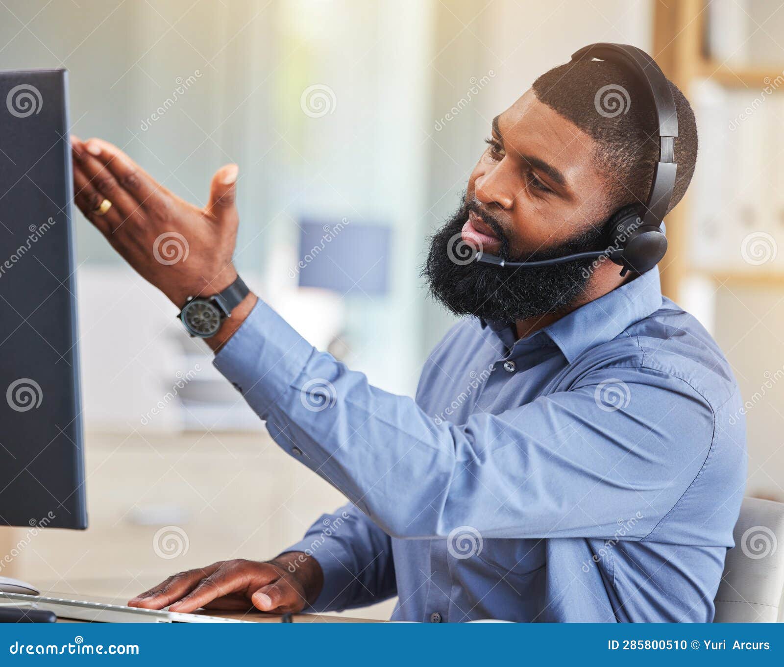 Call Center, Customer Support and Frustrated Black Man on Computer for ...