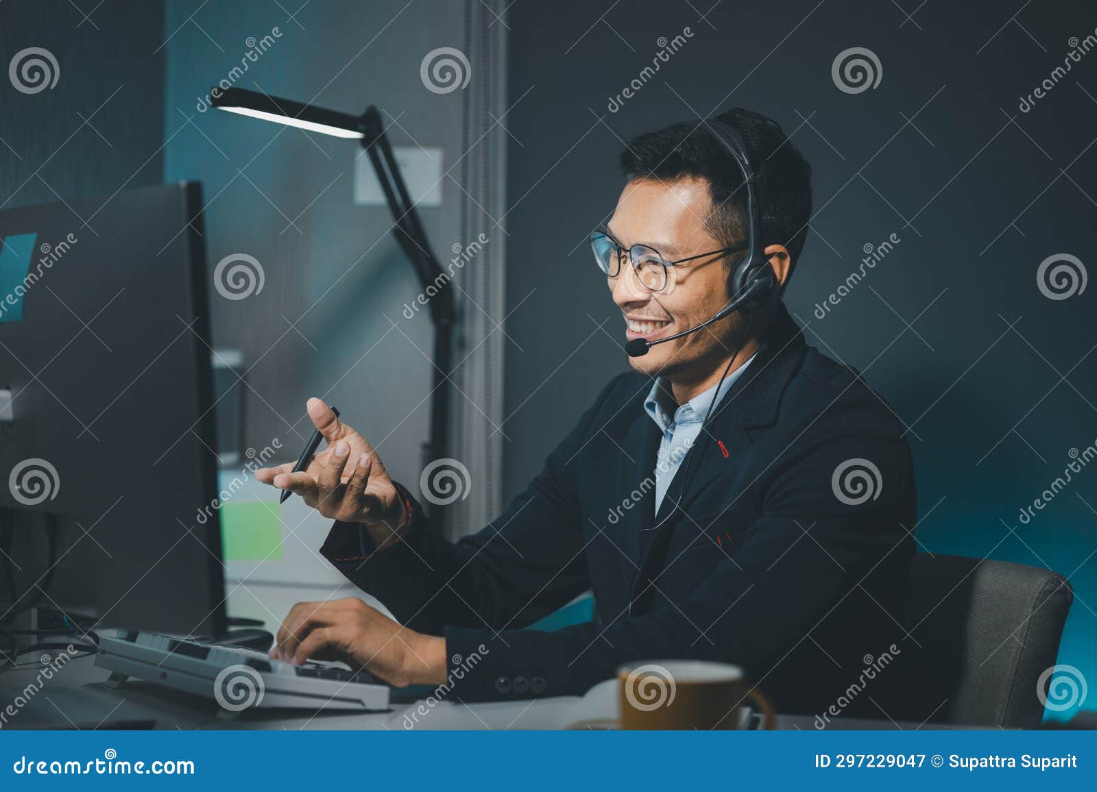 Call Center Employee Talking with Customer through Headset, the ...