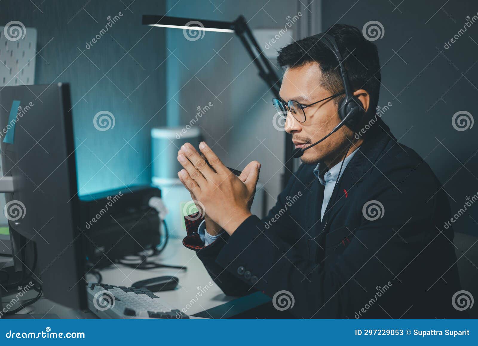 Call Center Employee Talking with Customer through Headset, the ...