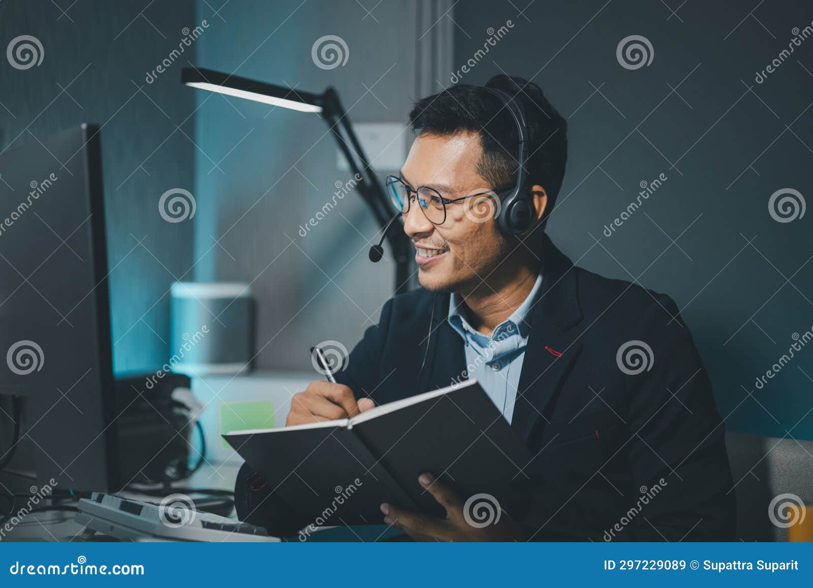 Call Center Employee Talking with Customer through Headset, the ...