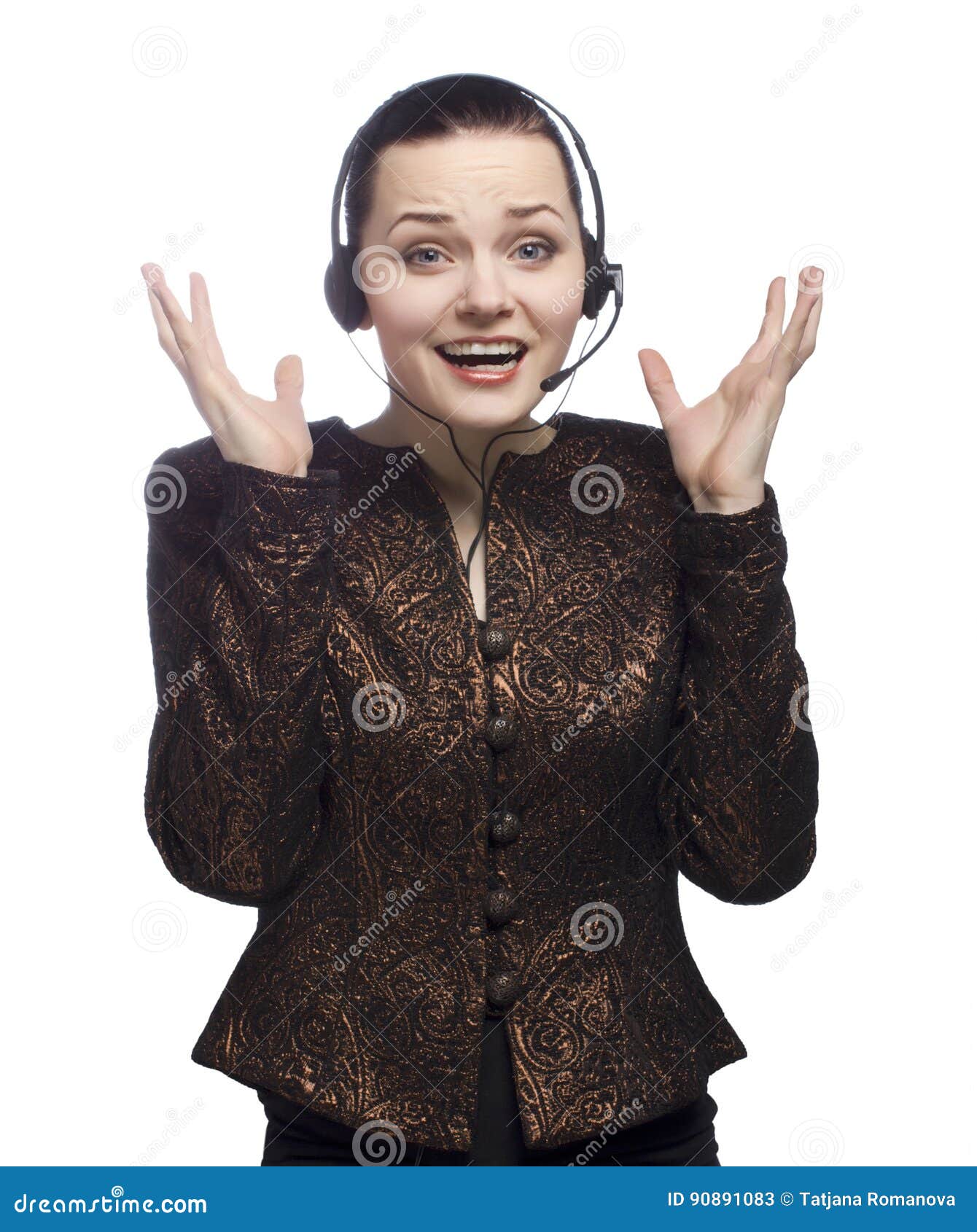 Call Center Girl Expresses Emotions on White Stock Image - Image of ...